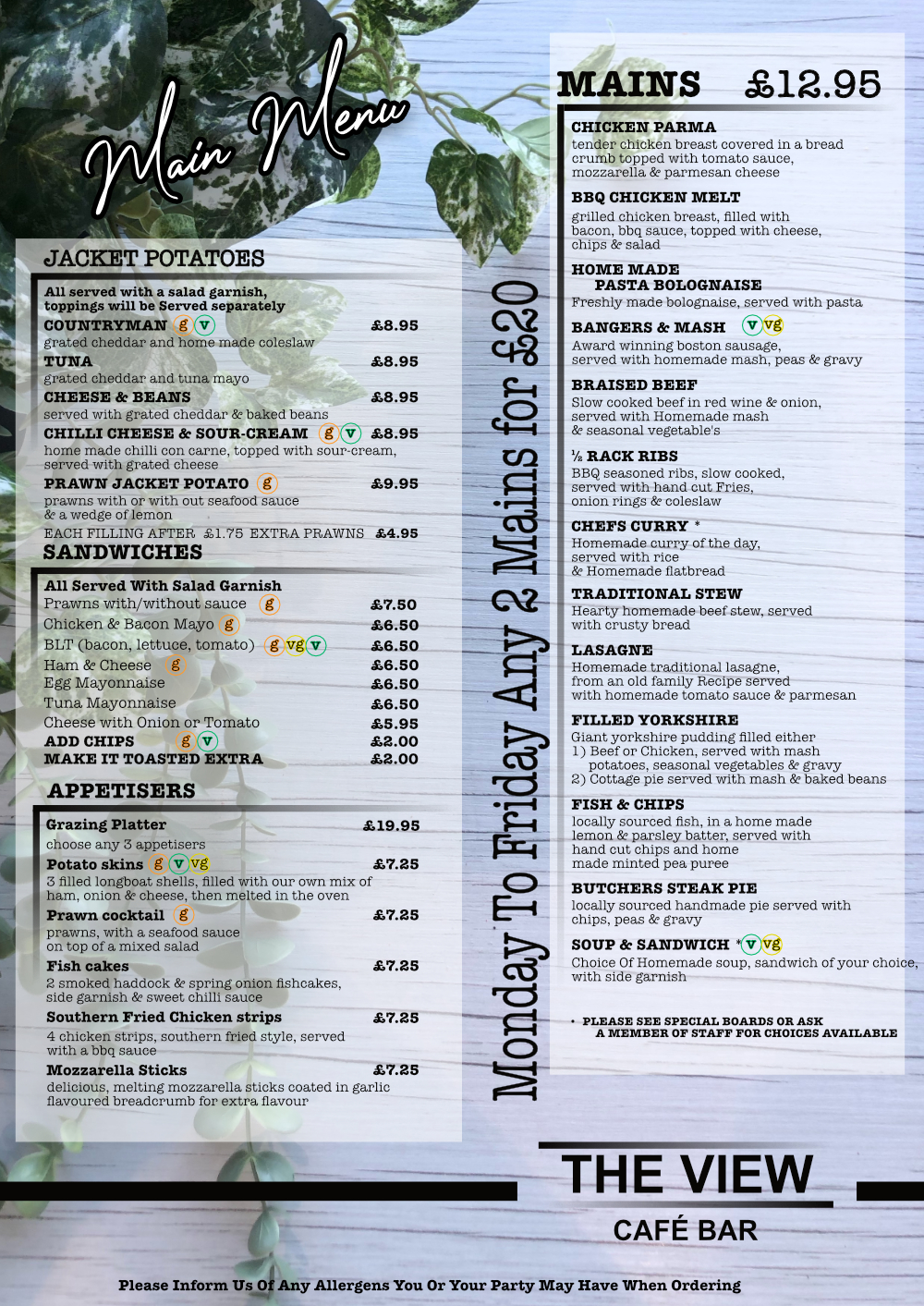 Main Menu The View Cafe Bar Main Menu The View Cafe Bar